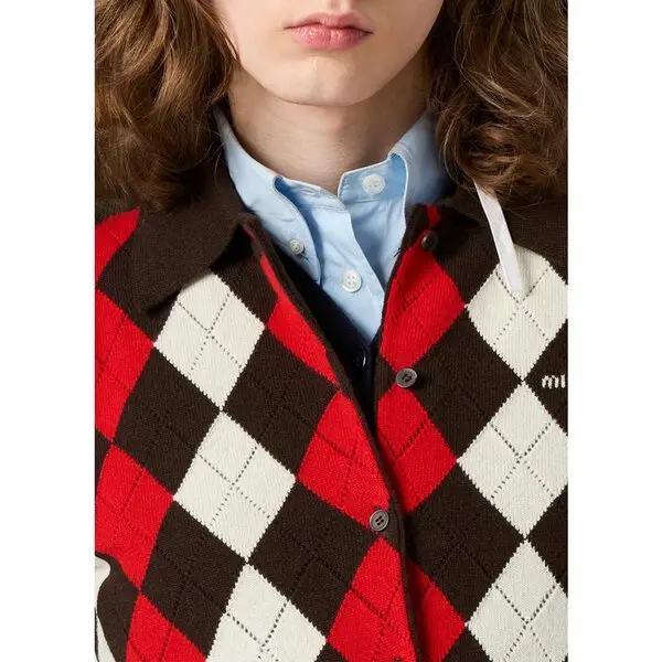 Miu Miu Argyle Cashmere Knit Collared Cardigan