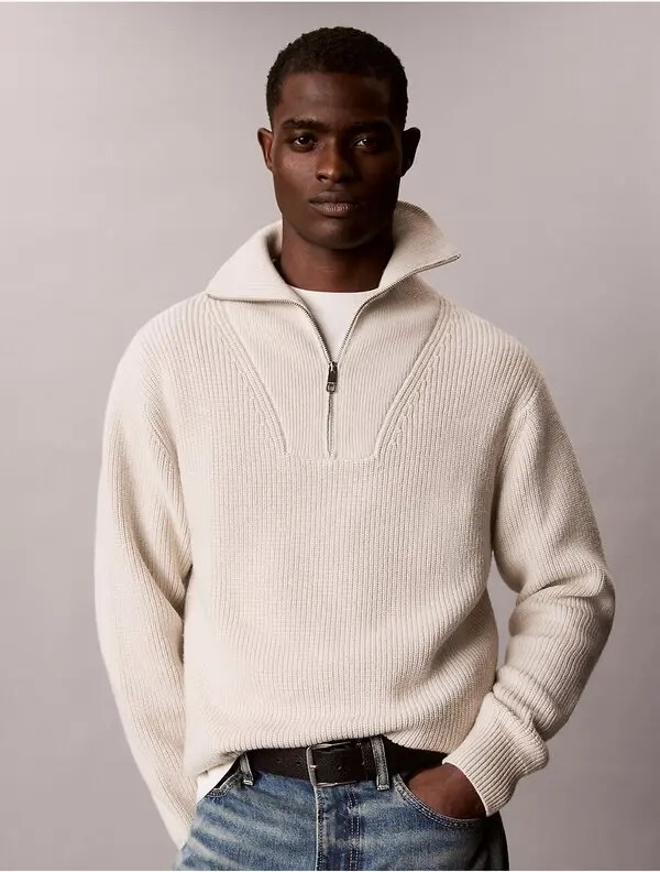 Calvin Klein Cotton Wool Quarter Zip Sweater - Unbleached