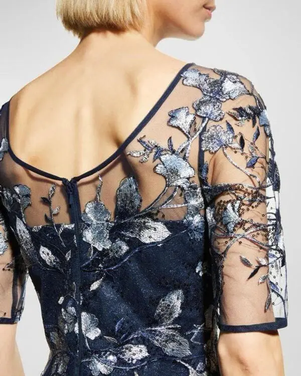 Rickie Freeman For Teri Jon Floral-embroidered Tulle Cocktail Dress - Navymulti