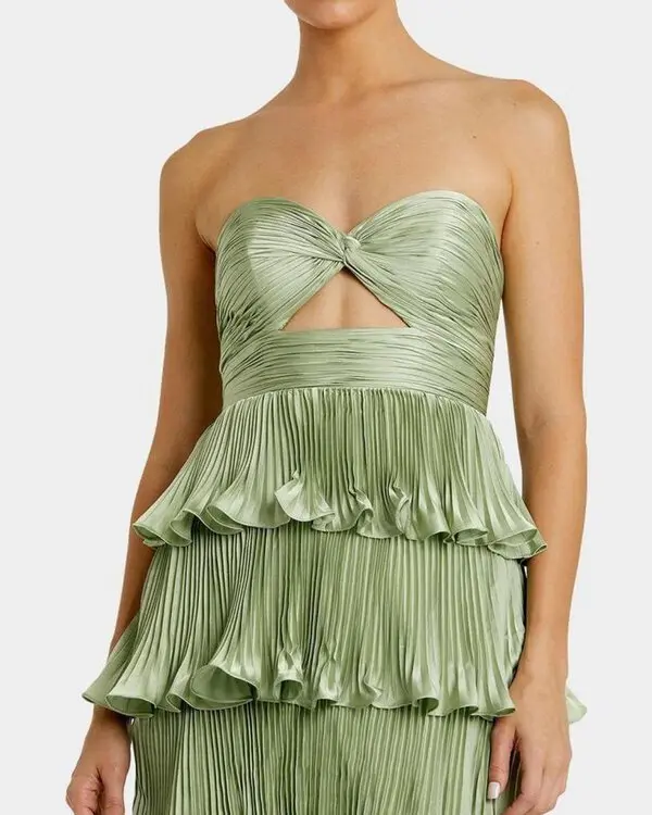 Mac Duggal Ieena Pleated Charmeuse Strapless Tiered Ruffle Gown - Sage