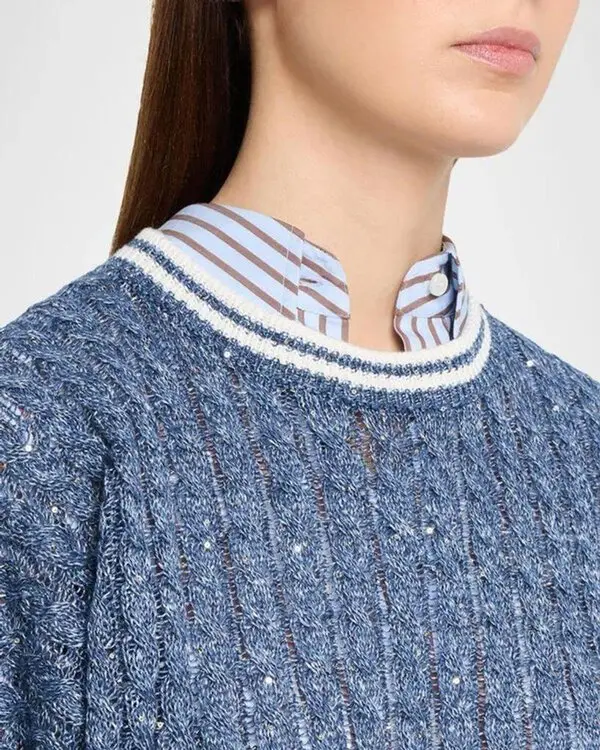 Brunello Cucinelli Linen Dazzling Cable Openwork Knit Crewneck Sweater