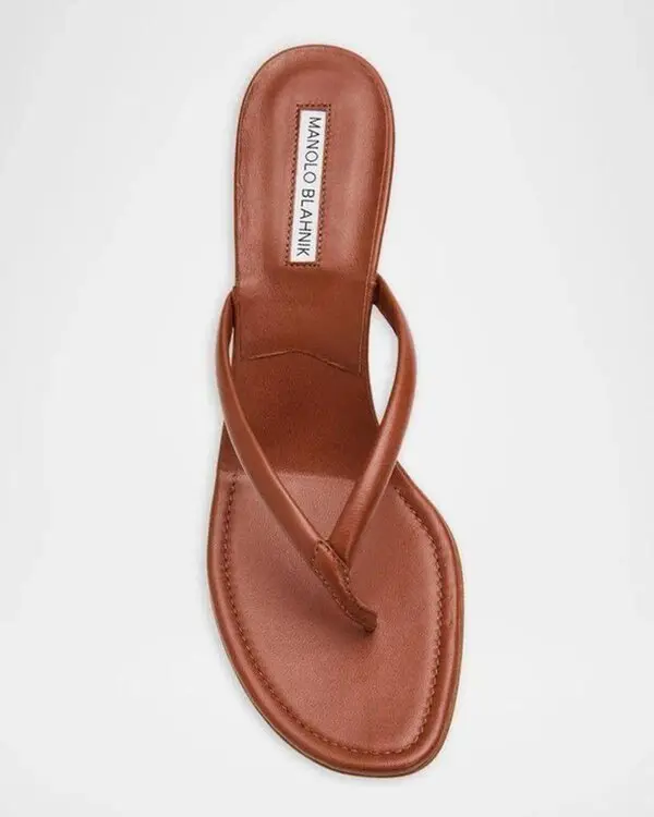 Manolo Blahnik 50mm Paterno Leather Thong Sandals - Medium Brown