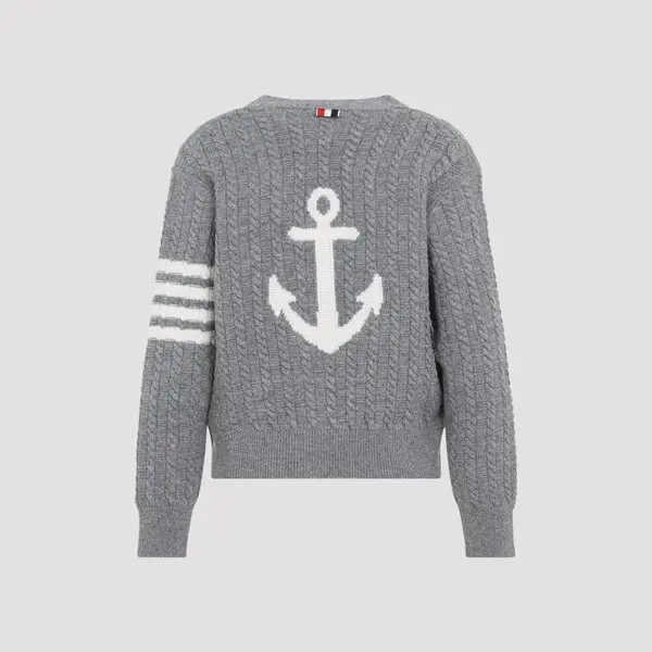 Thom Browne Anchor Intersia Cable Stitsh V Neck Cardigan