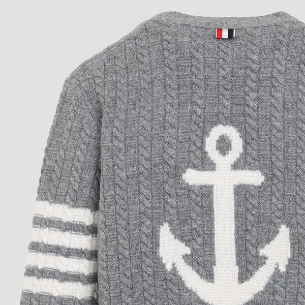 Thom Browne Anchor Intersia Cable Stitsh V Neck Cardigan