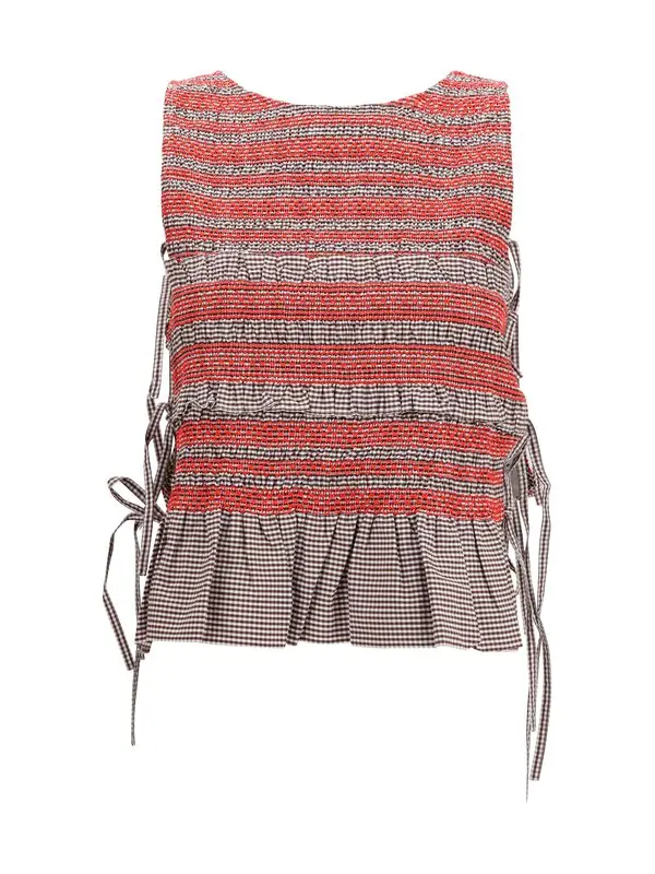 GANNI Elastic Printed Top With Ruching And Side Ties - Brown