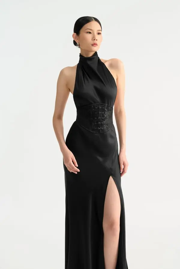 SAU LEE Etta Satin Dress - Black