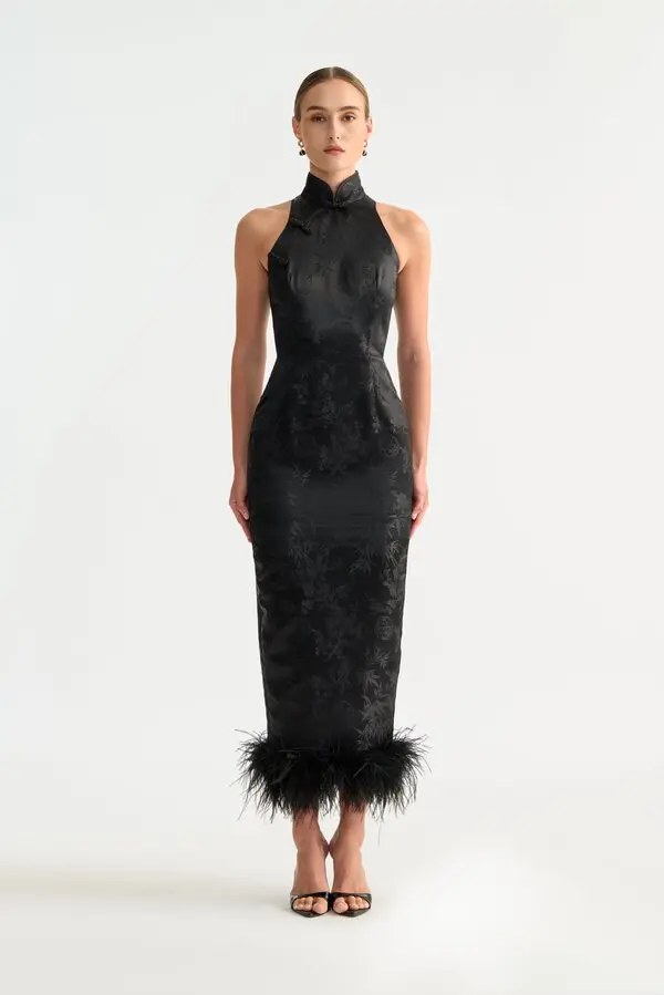 SAU LEE Jill Feather Trim Dress - Black
