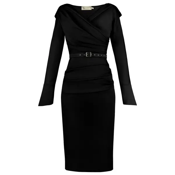 ALINA CERNATESCU Kayo Midi Off Shoulder Statement Office Day Dress - Black