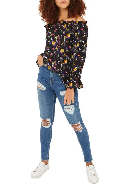 Topshop Floral Tie Sleeve Off-the-shoulder Top