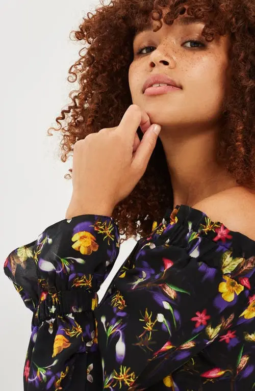 Topshop Floral Tie Sleeve Off-the-shoulder Top