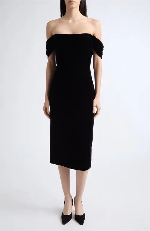Carolina Herrera Off The Shoulder Stretch Velvet Midi Dress - Onyx