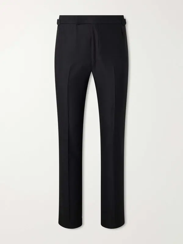 Thom Sweeney Straight-leg Satin-trimmed Wool-fresco Suit Trousers