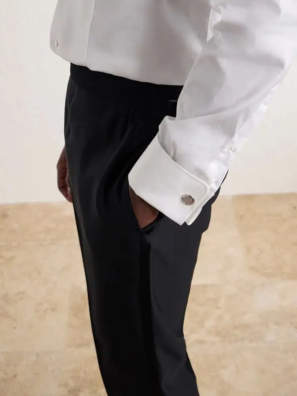 Thom Sweeney Straight-leg Satin-trimmed Wool-fresco Suit Trousers