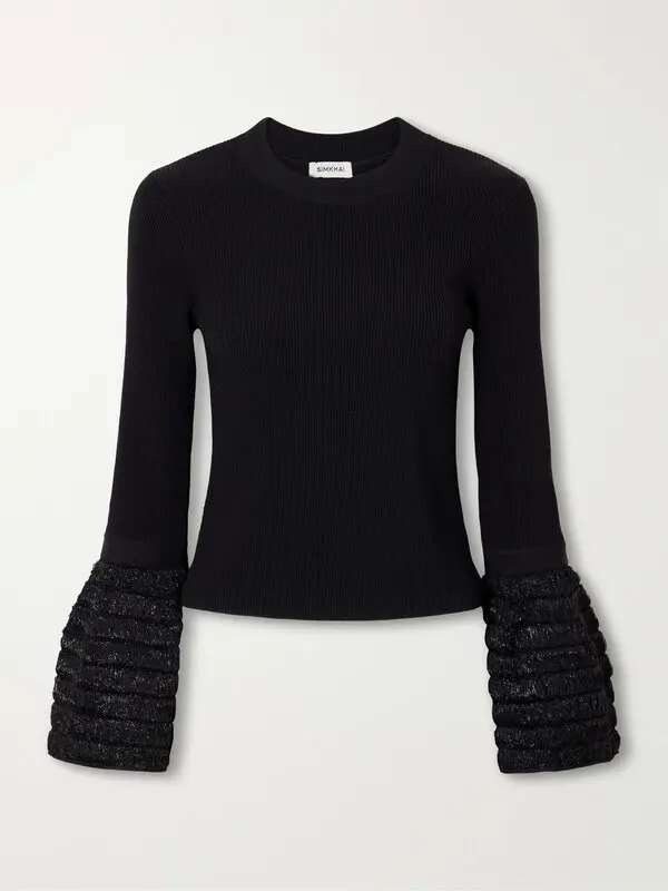 Simkhai Maggie Bouclé-trimmed Ribbed Jersey Top - Black