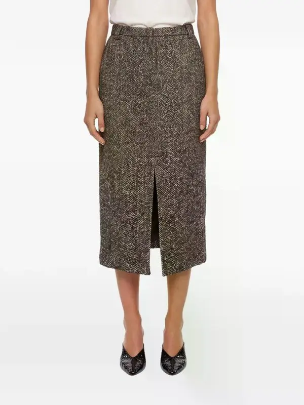 THELAURENT Herringbone Front-slit Midi Skirt