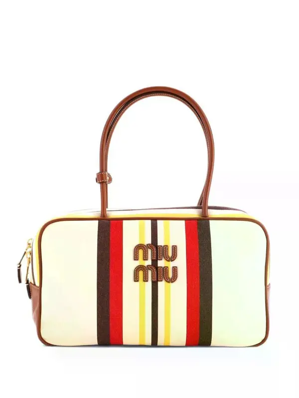 Miu Miu Beau Top Handle Bag Striped Canvas With Leather Large Satchel