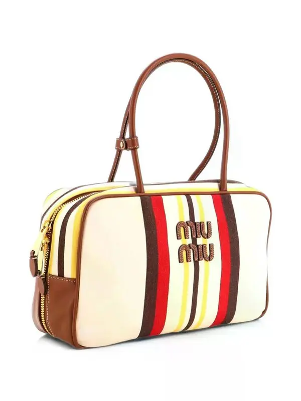 Miu Miu Beau Top Handle Bag Striped Canvas With Leather Large Satchel