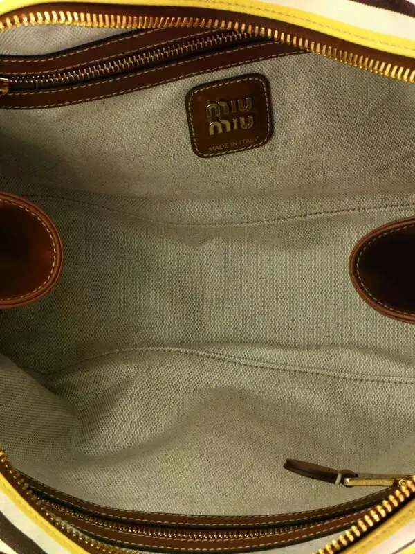 Miu Miu Beau Top Handle Bag Striped Canvas With Leather Large Satchel