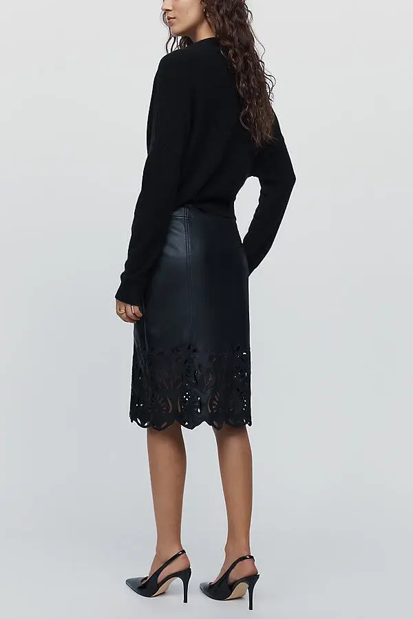 PILCRO Faux Leather Cutwork Midi Skirt