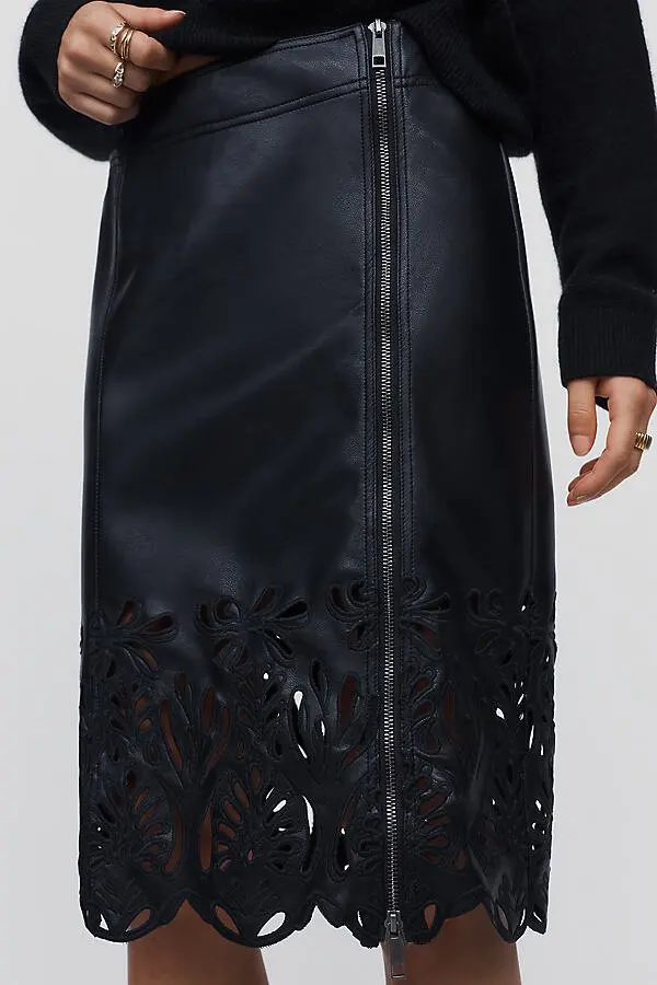 PILCRO Faux Leather Cutwork Midi Skirt