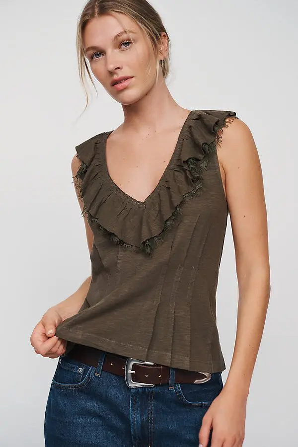 PILCRO Cotton Blend V-neck Ruffle Tank Top - Brown