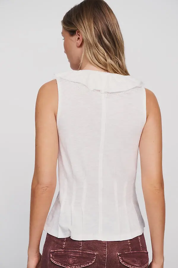 PILCRO Cotton Blend V-neck Ruffle Tank Top - White