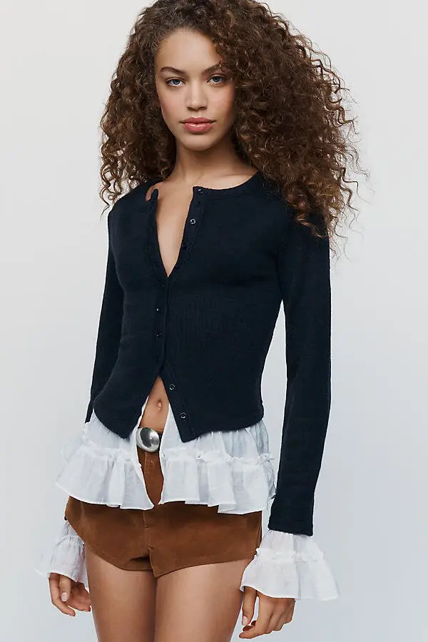 Anthropologie Twofer Ruffle Cardigan Top - Black