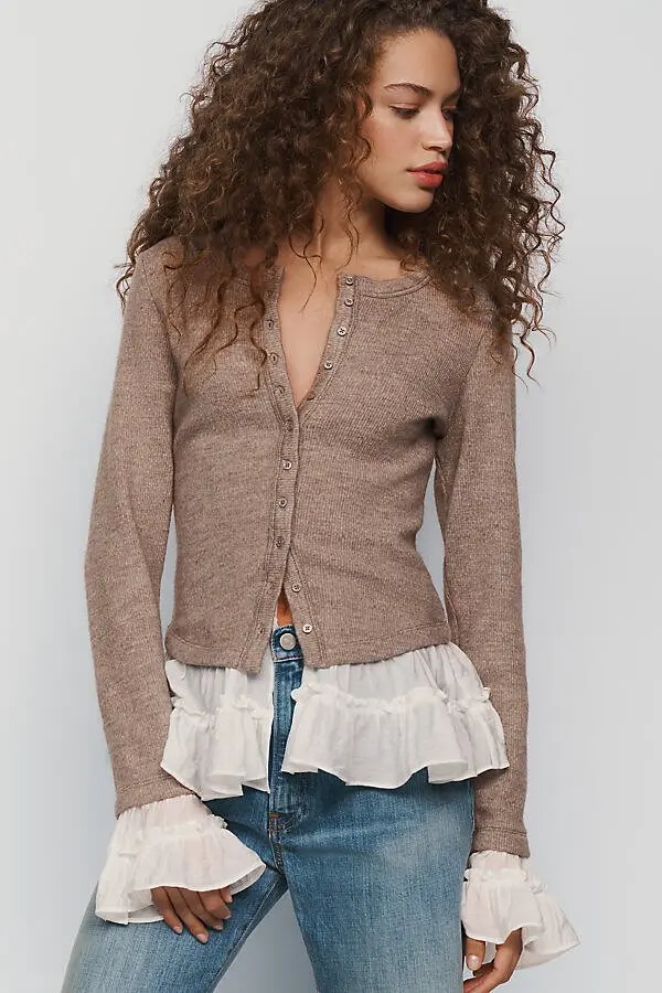 Anthropologie Twofer Ruffle Cardigan Top - Heather Grey