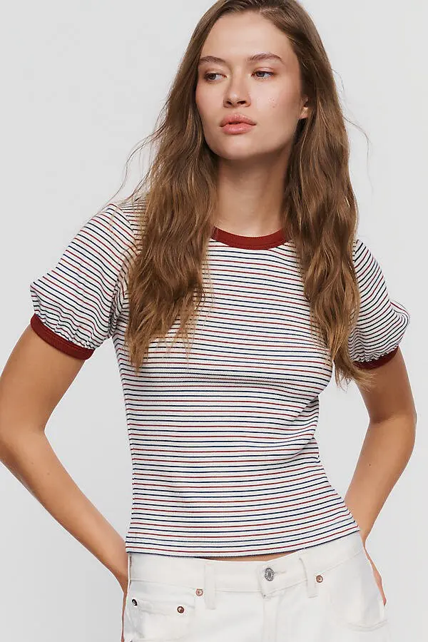 Rag & Bone Cotton Blend Rib Stripe Crewneck Tee - Multi Stripe