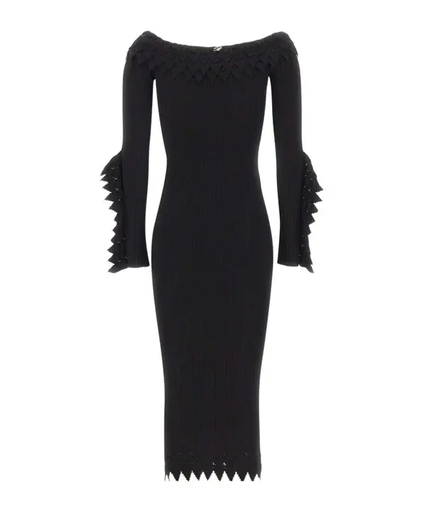 Blumarine Scalloped Ribbed Midi Dress - Black
