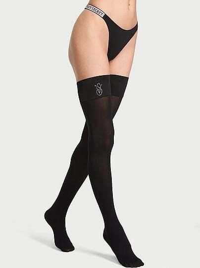 Victoria's Secret Opaque Crystal Logo Thigh Highs - Black