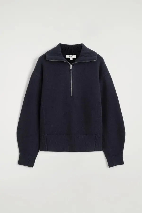 Cos Merino Wool Mock-neck Zip-up Sweater - Navy