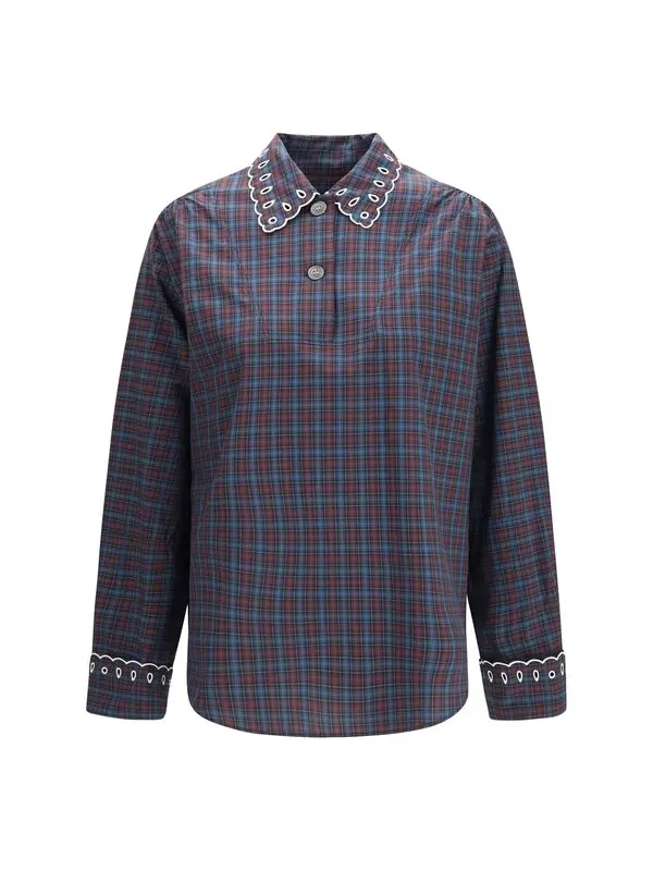 Marni Checked Cotton Shirt With Embroidered Details - Blue