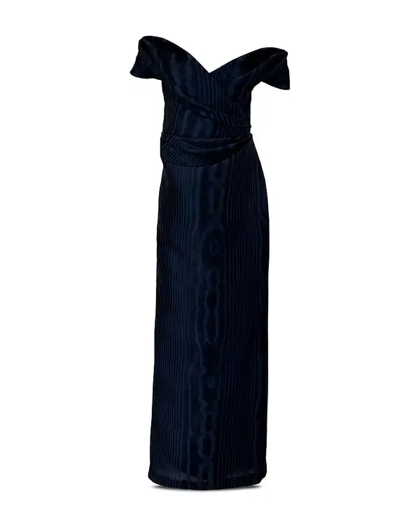 Oscar De La Renta Silk Off Shoulder Gown - Navy