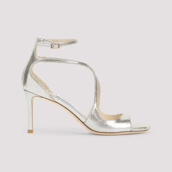 JIMMY CHOO Leather Glitter Azia 75 Sandals - Silver