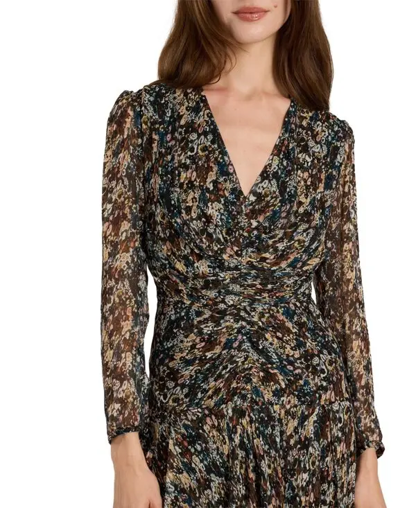 Santorelli Sonia Long Sleeve Ruched Dress In Abstract Floral Print