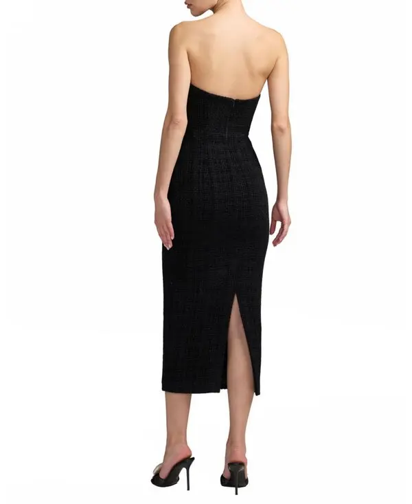 Mac Duggal Strapless Boucle Fitted Midi Dress With 3d Flowers