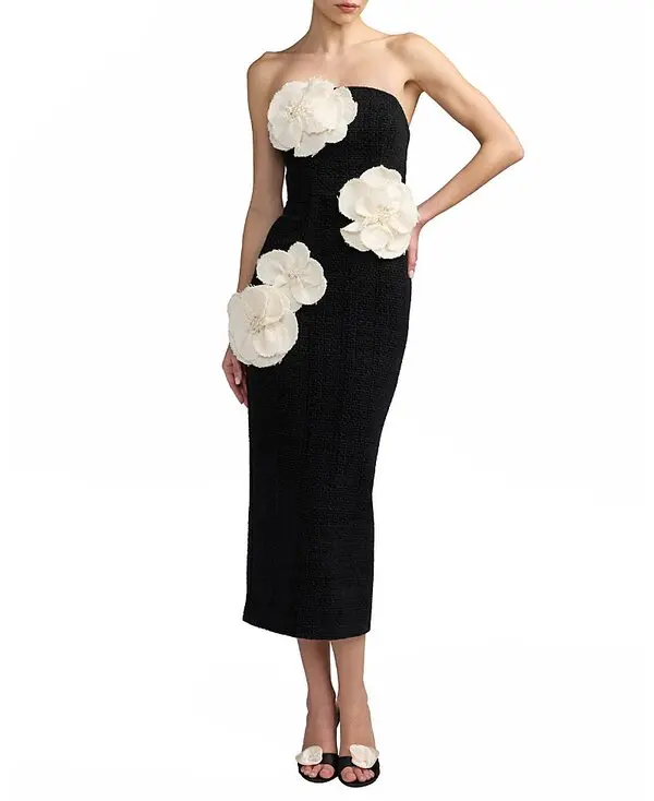 Mac Duggal Strapless Boucle Fitted Midi Dress With 3d Flowers - Black Multi