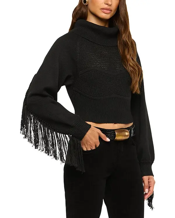 L'AGENCE Maddison Fringe Turtleneck Cropped Sweater - Black