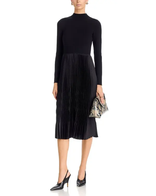 T Tahari Pleated Mixed Media Midi Dress