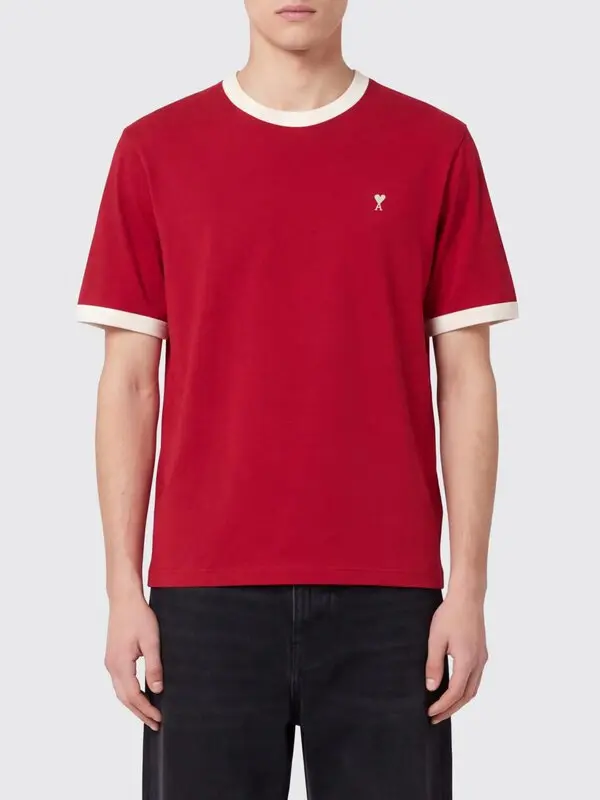 AMI Paris Crewneck Cotton T-shirt With Contrasting Logo And Trim - Red