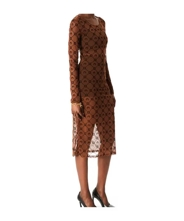 MARINE SERRE Moonogram Mesh Flock Long Sleeves Midi Crewneck Dress