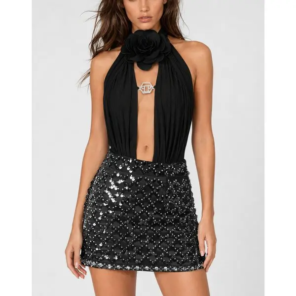 Philipp Plein Sleeveless Bodysuit Flower - Black