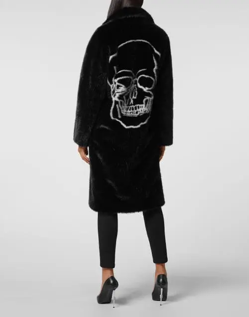 Philipp Plein Skull Faux Fur Long Coat