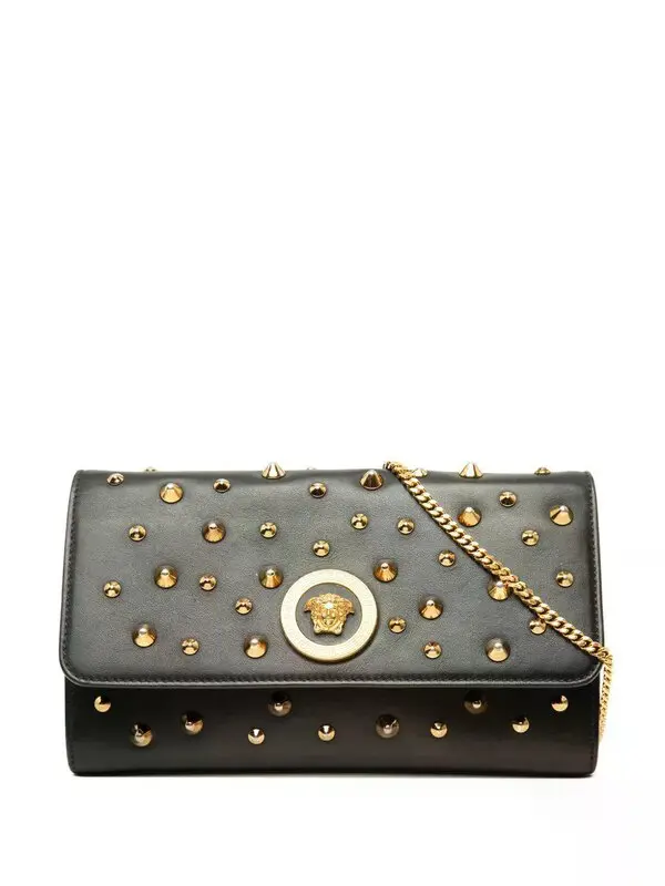 Versace 2010-2026 Studded Vitello Calfskin Palazzo Medusa Clutch With Chain Crossbody Bag - Black