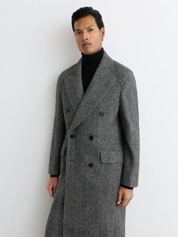 REISS Ives Wool Herringbone Double-breasted Overcoat