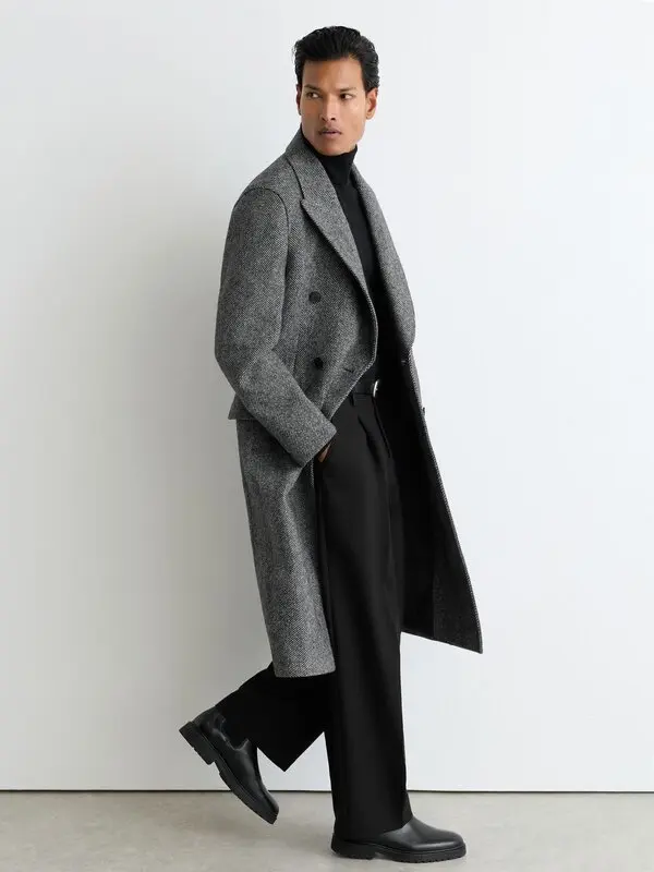 REISS Ives Wool Herringbone Double-breasted Overcoat