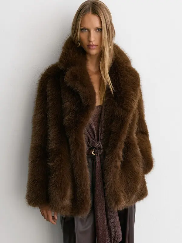 REISS Laila Petite Faux-fur Coat - Brown