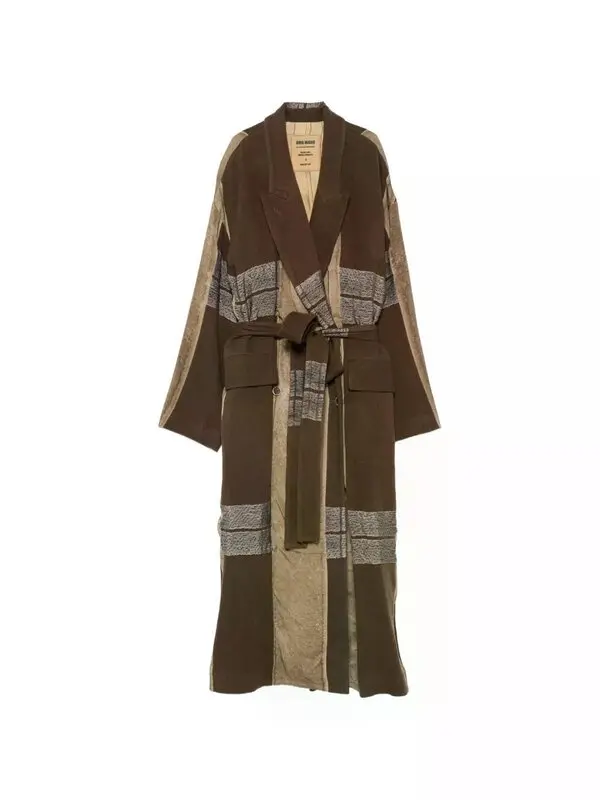 UMA WANG Jacquard-panelled Belted Coat - Brown