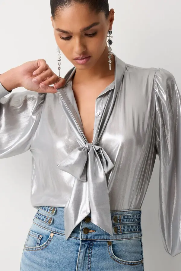 Ramy Brook Noa Metallic Tie Neck Blouse - Light Silver